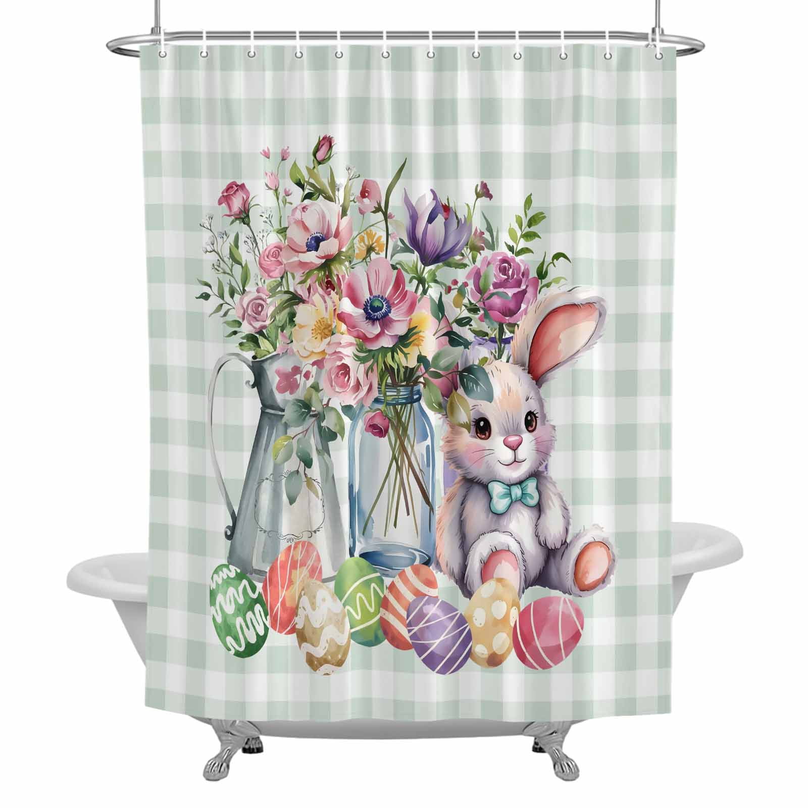 Easter Shower Curtain for Bathroom, Colored Eggs Rabbit Doll Flowers ...