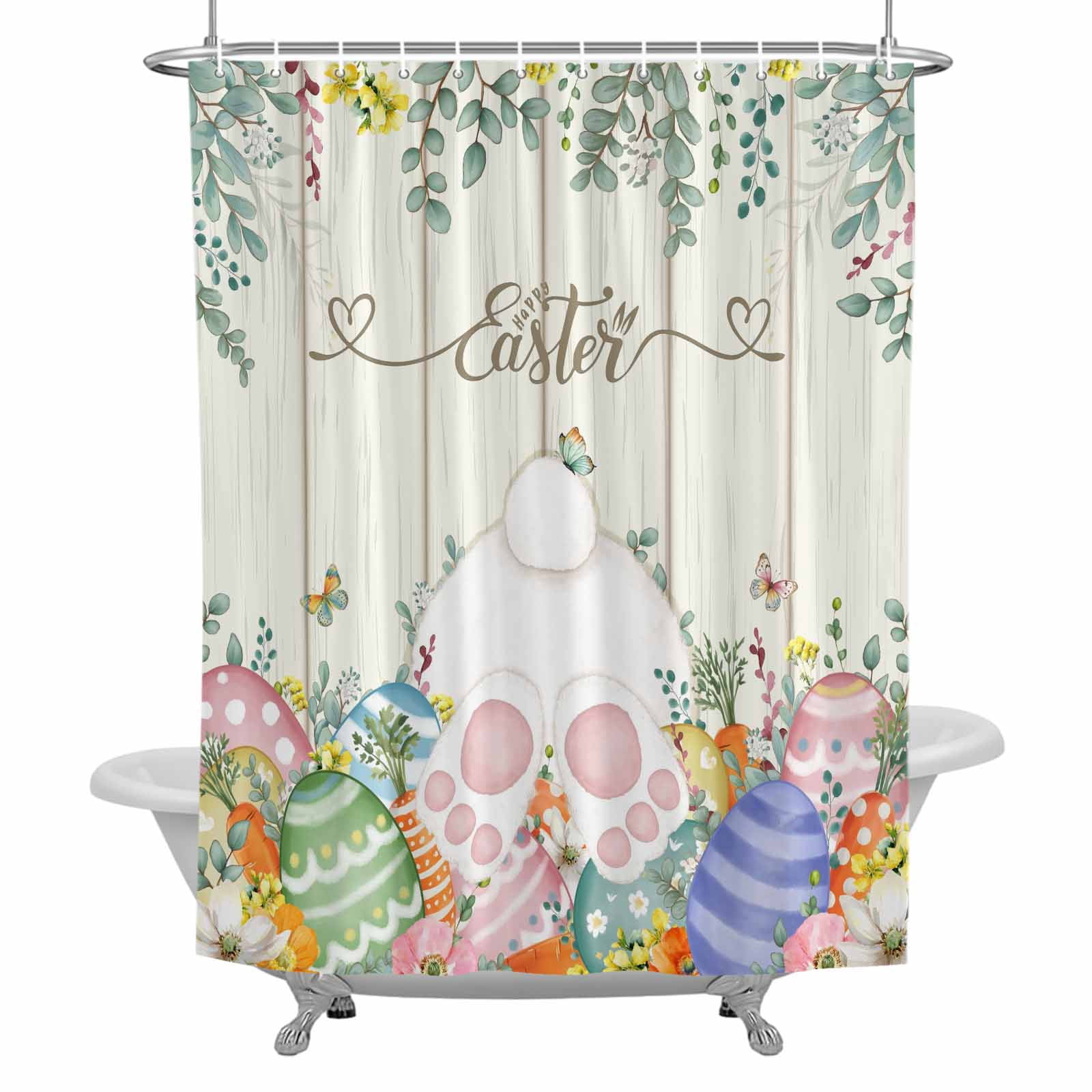 Easter Shower Curtain for Bathroom, Spring White Rabbit Tail Eggs ...