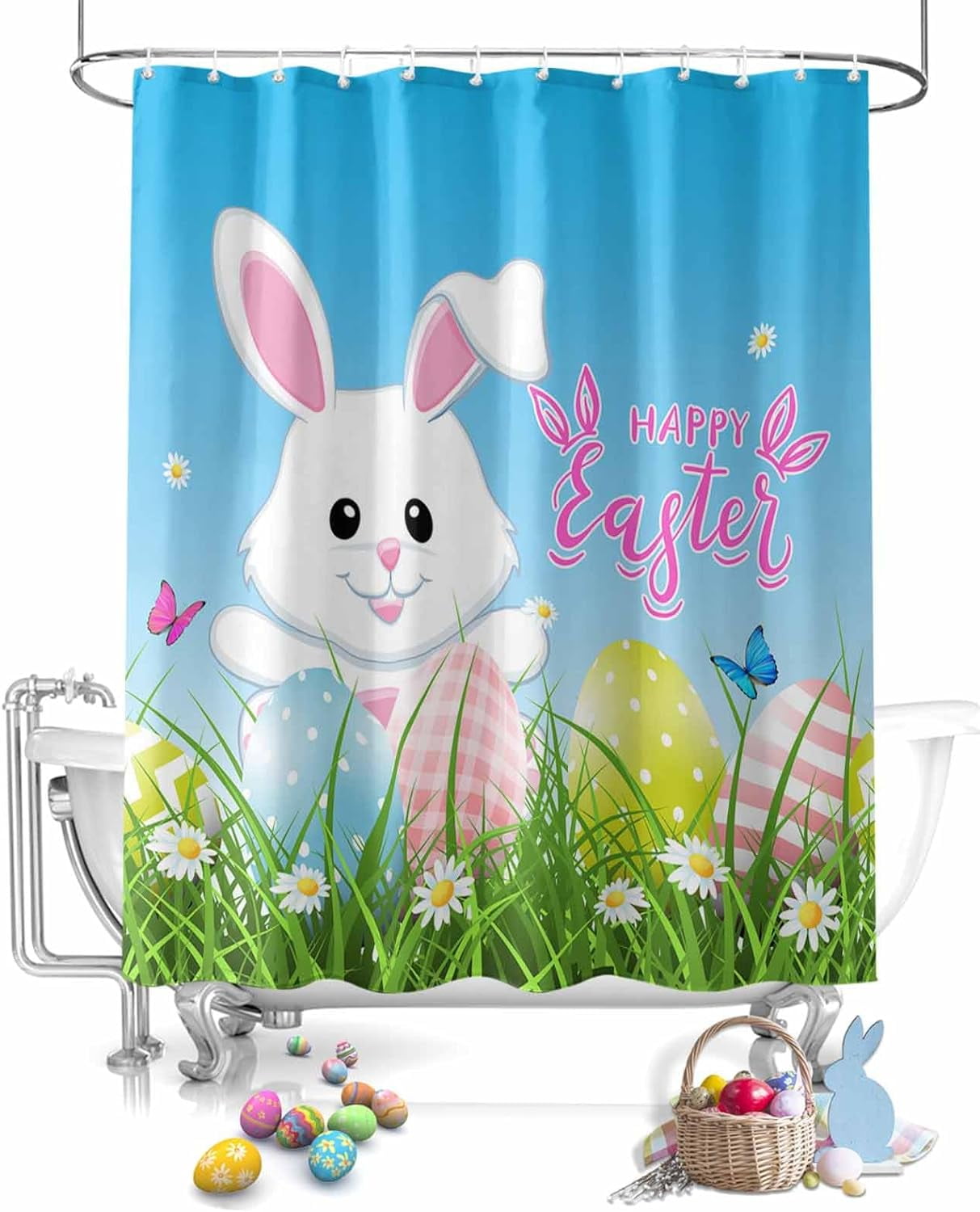 Easter Shower Curtain Cartoon Bunny Eggs Shower Curtains for Bathroom ...