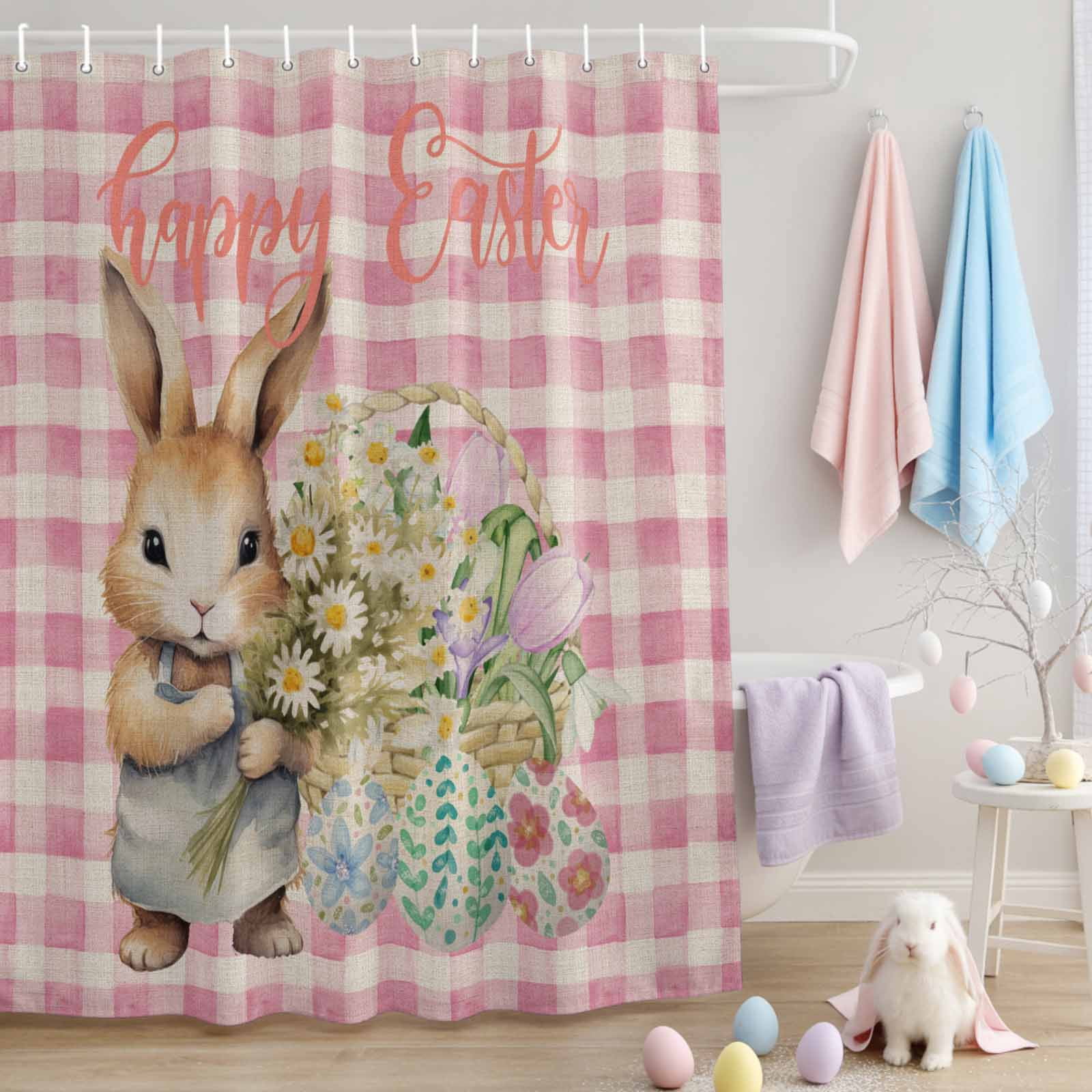Easter Shower Curtain Cute Bunny Eggs Flowers Daisy Shower Curtains for ...