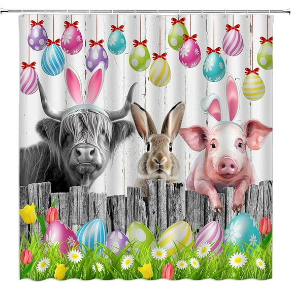 Easter Shower Curtain with Funny Bunny Highland Cow Pig Rabbit Eggs ...