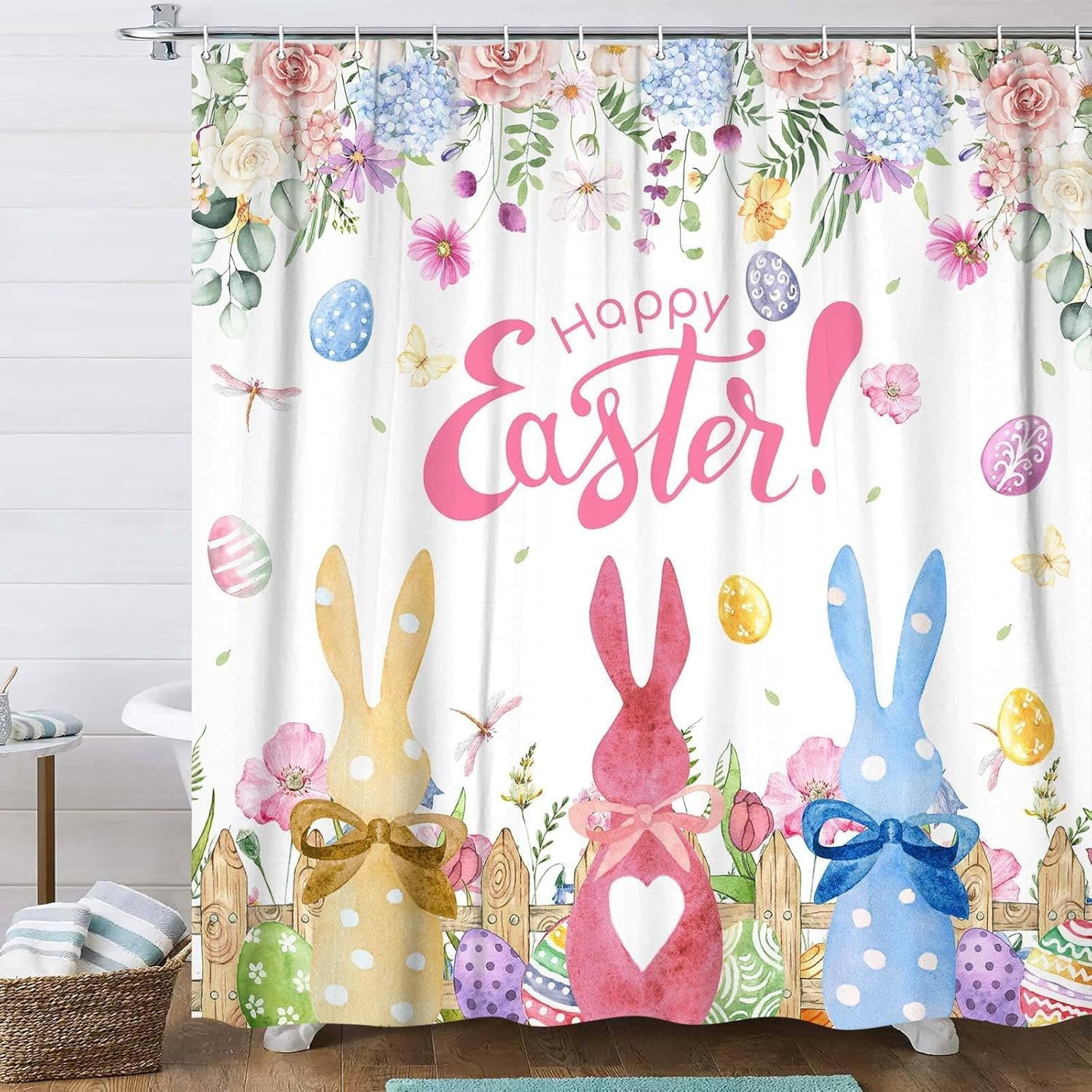 Easter Shower Curtain, Happy Easter Bunny Shower Curtains Set for ...