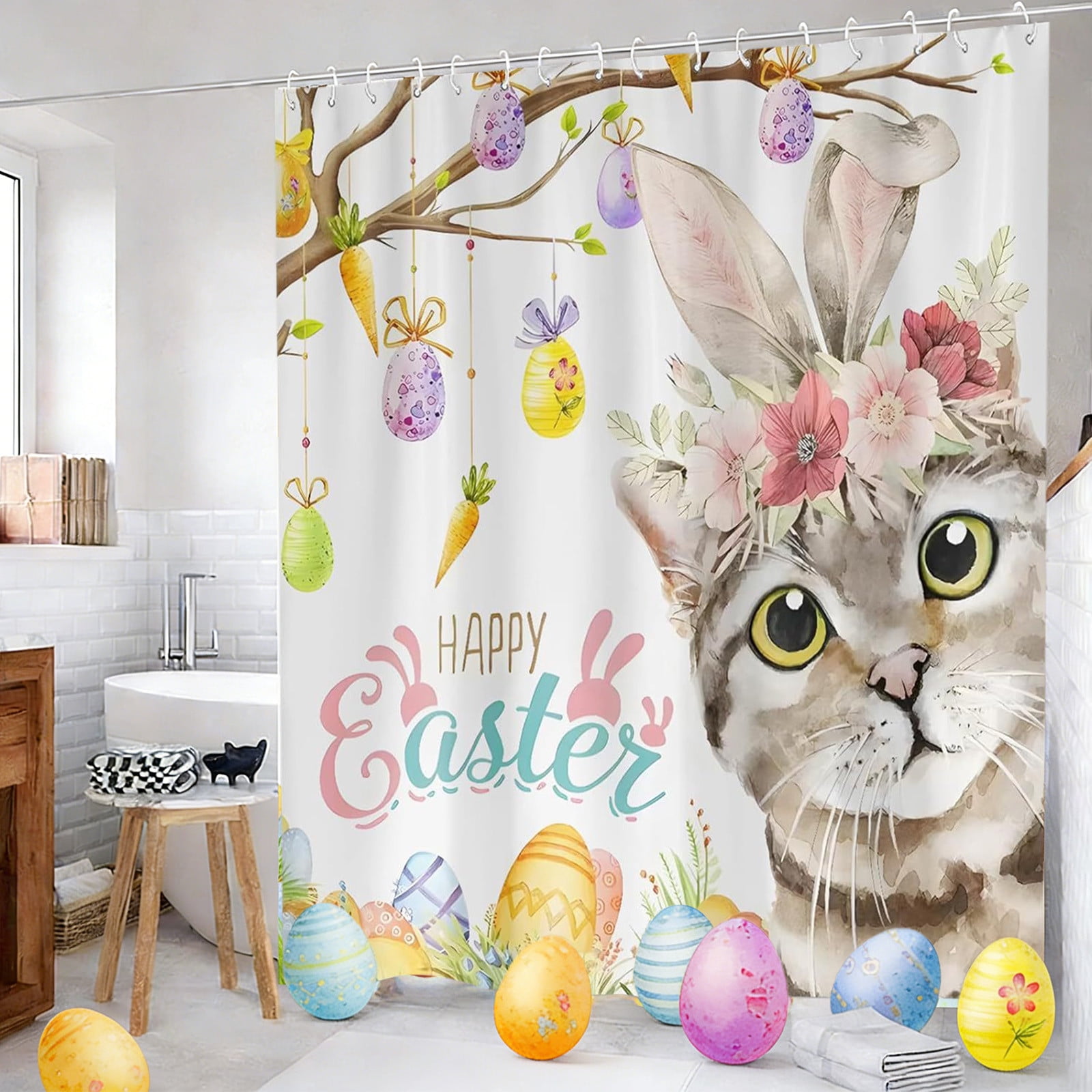 Easter Shower Curtain, No-Drill Installation, Includes 12 Hooks ...
