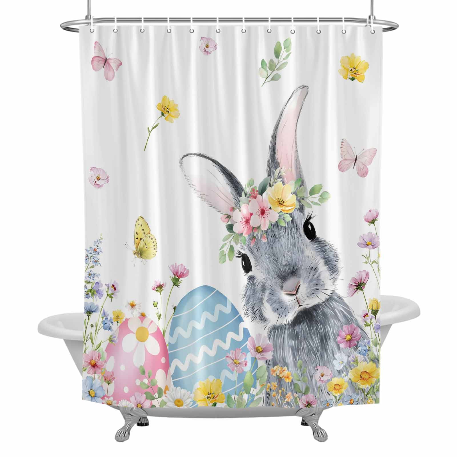Easter Shower Curtain Set with Hooks, Easter Bunny Color Eggs Spring ...