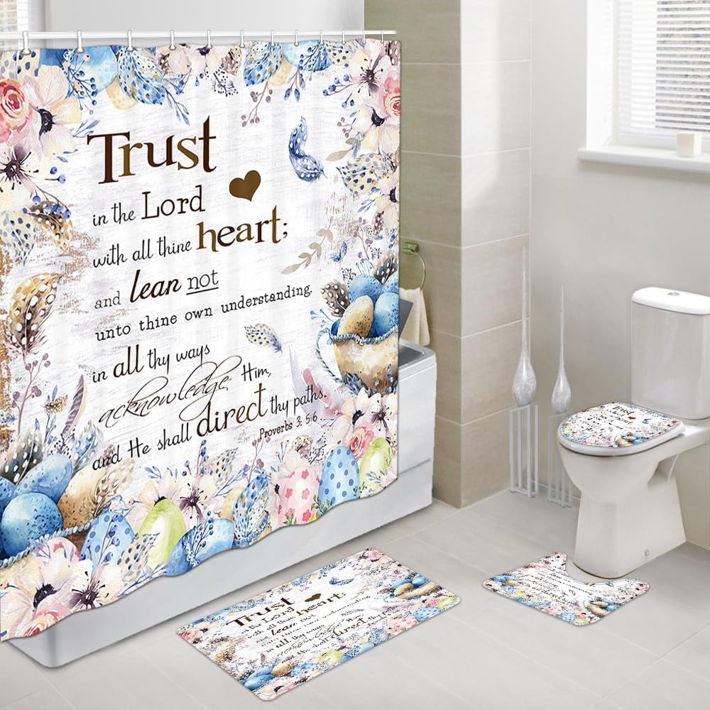 Easter Shower Curtain Sets with Rugs 4 Piece,Blue Eucalyptus Leaves ...