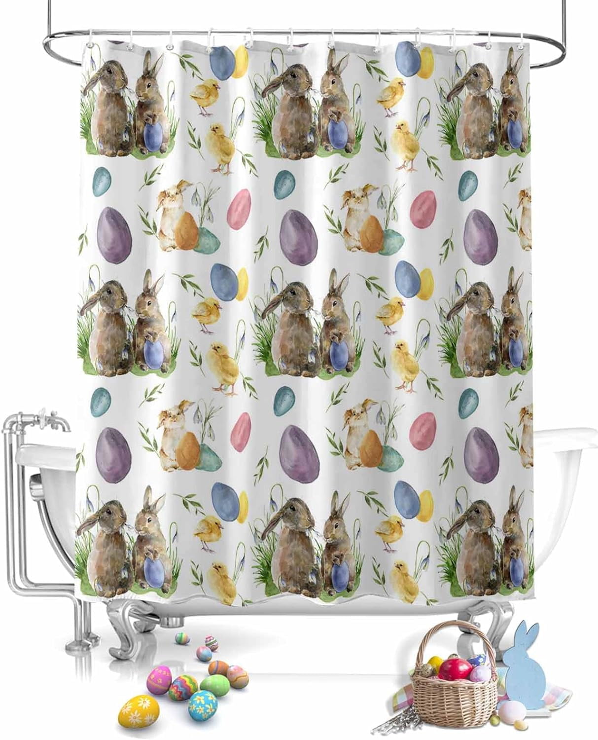 Easter Shower Curtain Watercolor Bunny Chicken Shower Curtains for ...