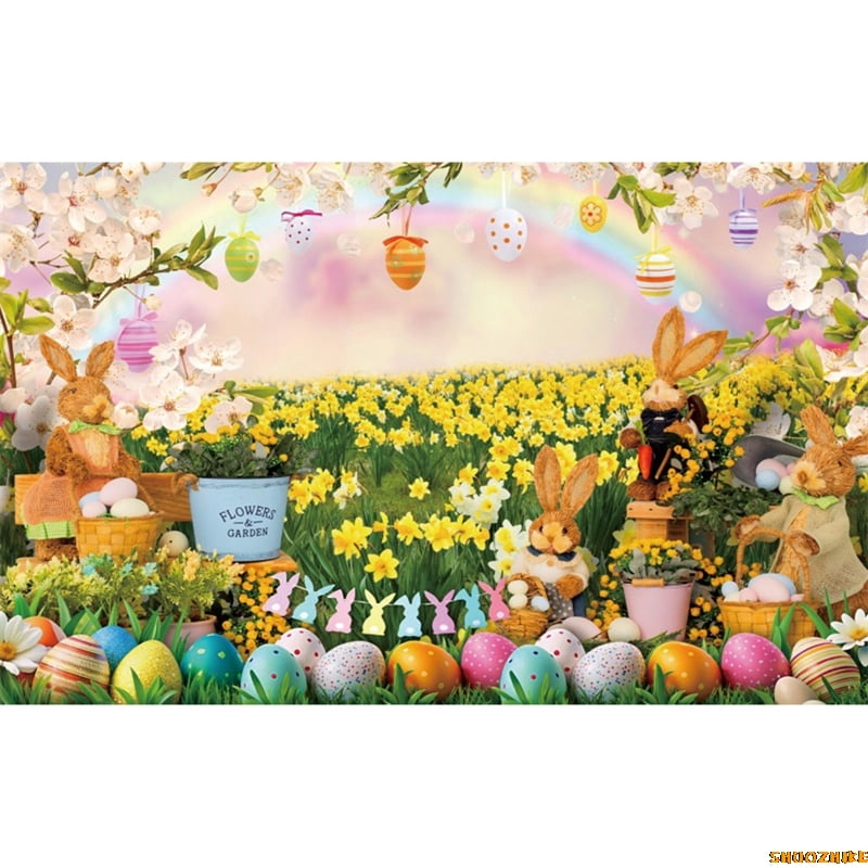 Easter Spring Backdrop for Photography Bunny Colorful Eggs Floral Fce ...