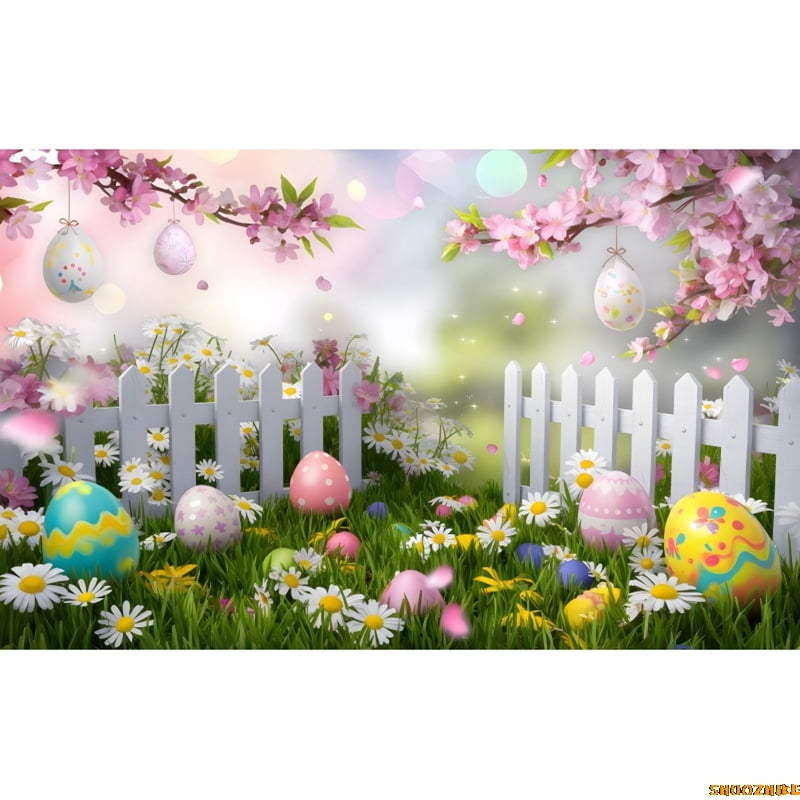 Easter Spring Backdrop for Photography Bunny Colorful Eggs Floral Fce ...