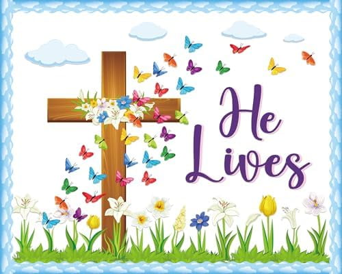 Easter Spring Bulletin Board Decoration Set He Lives Floral Cross ...