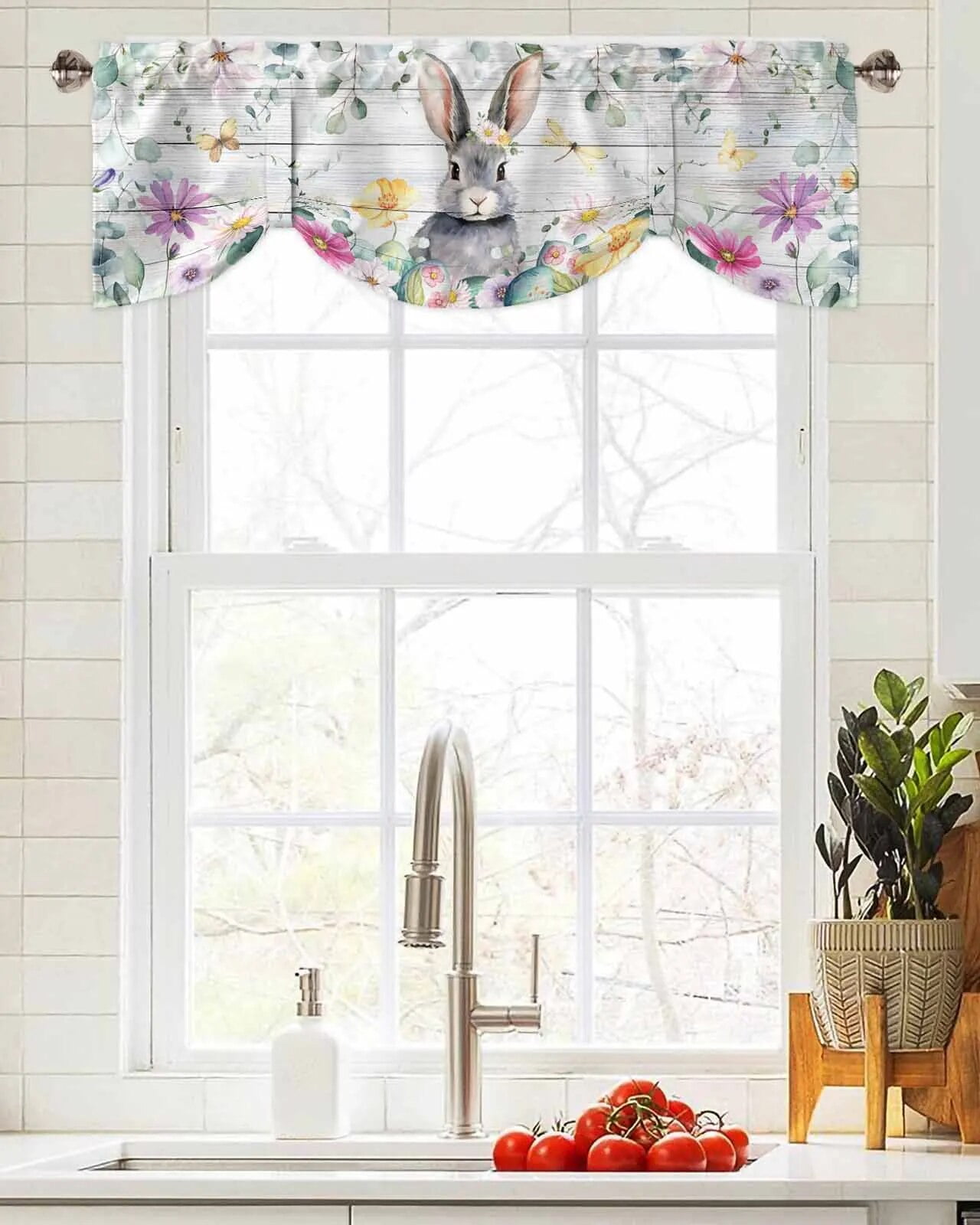 Easter Spring Flowers Bunny Wood Grain Window Curtain Living Room Kitchen Cabinet Tie-up Valance ...