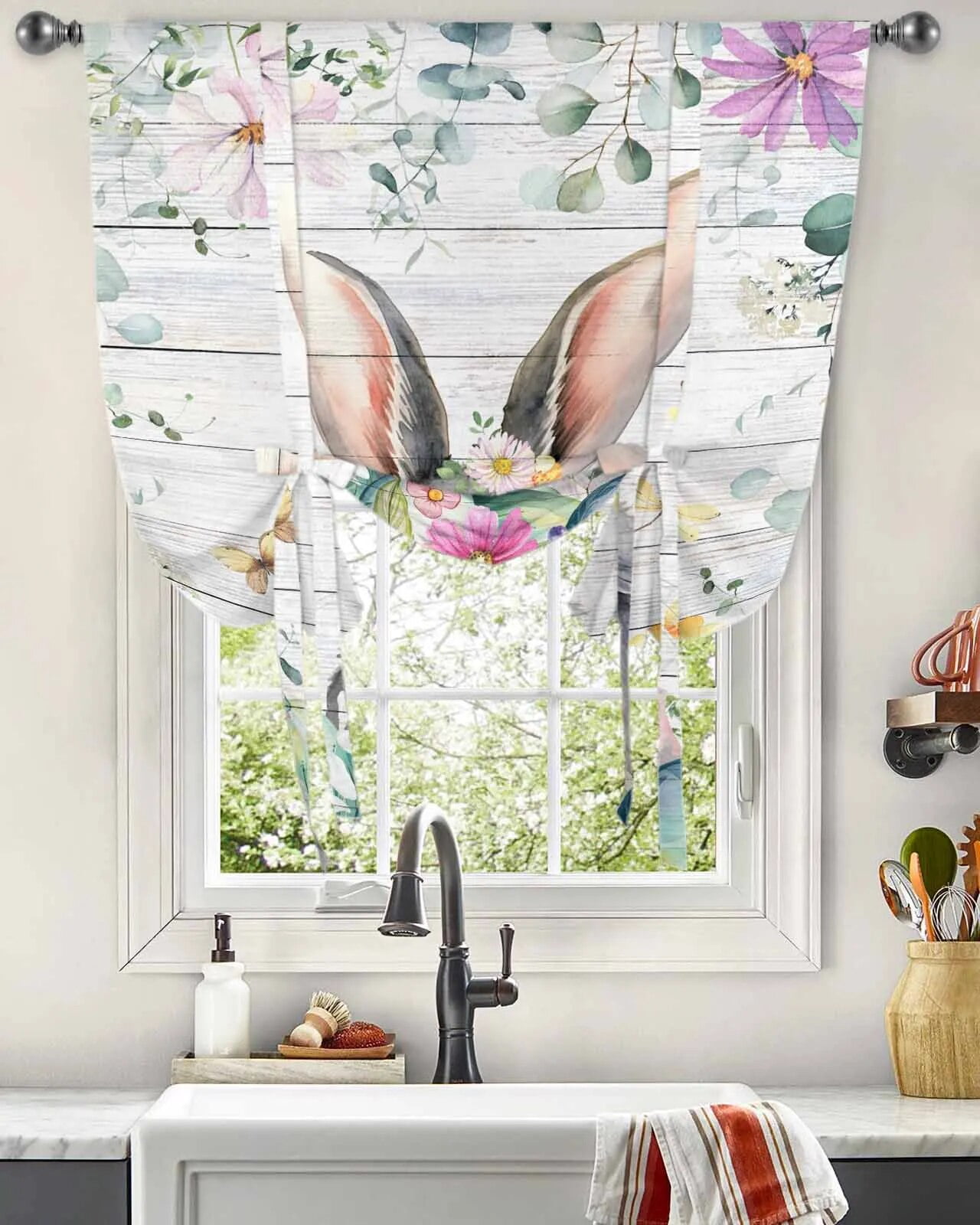 Easter Spring Flowers Bunny Wood Grain Window Curtain for Living Room Adjustable Curtains for ...