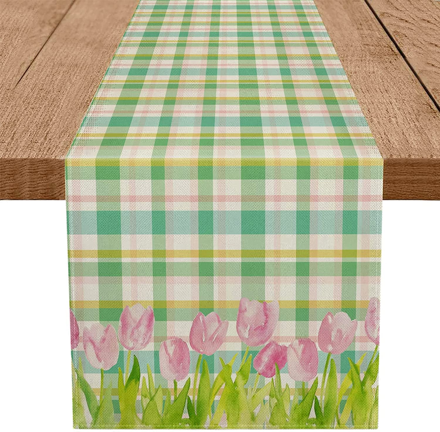 Easter Spring Table Runner Tulip Buffalo Plaid Holiday Check ...