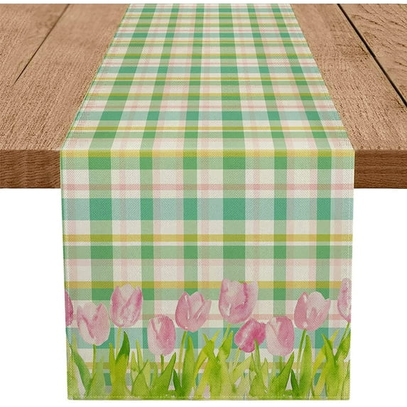 Easter Spring Table Runner Tulip Buffalo Plaid Holiday Check ...