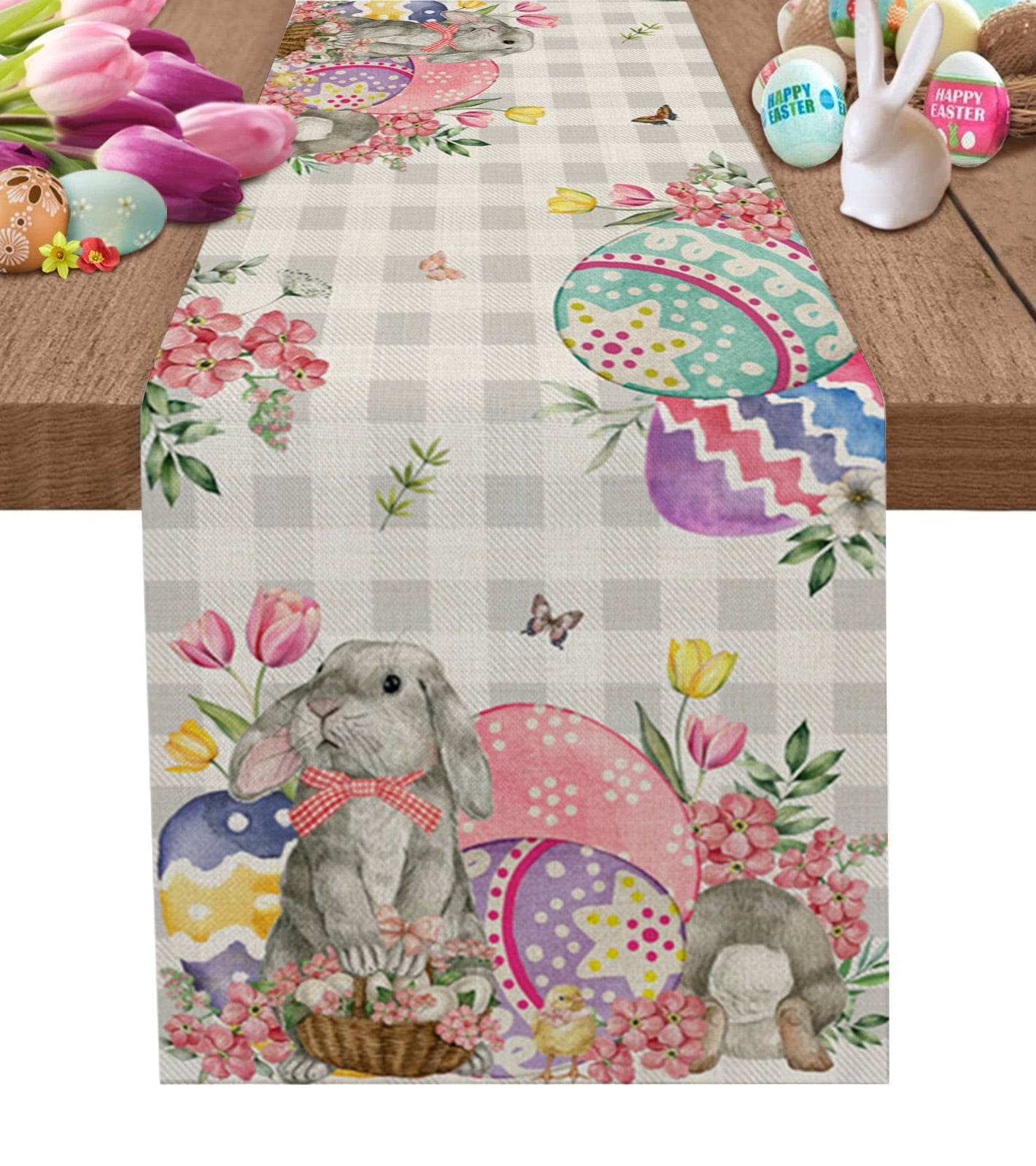 Easter Spring Tulip Egg Rabbit Table Runner Easter Party Dining Table r ...