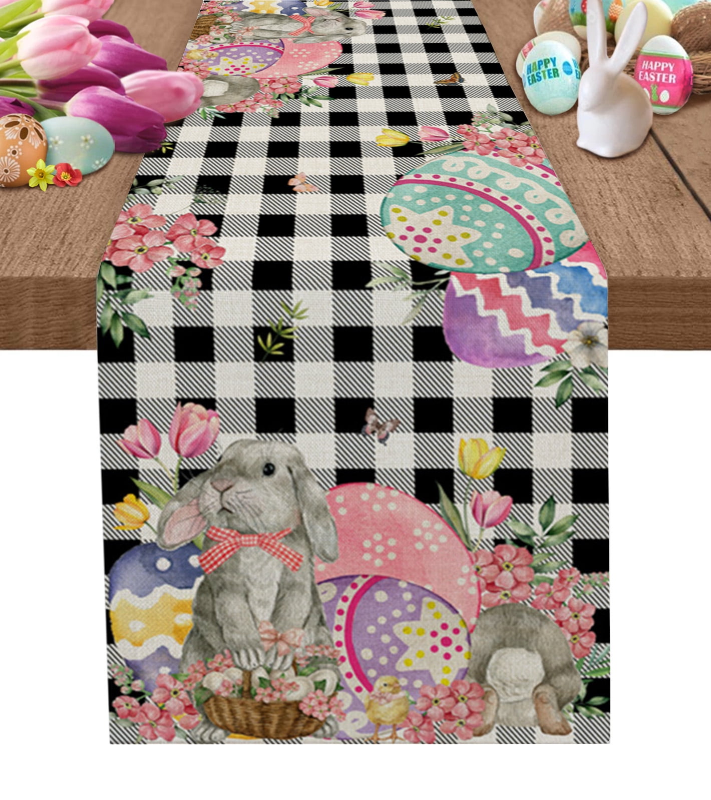 Easter Spring Tulip Egg Rabbit Table Runner Easter Party Dining Table r ...