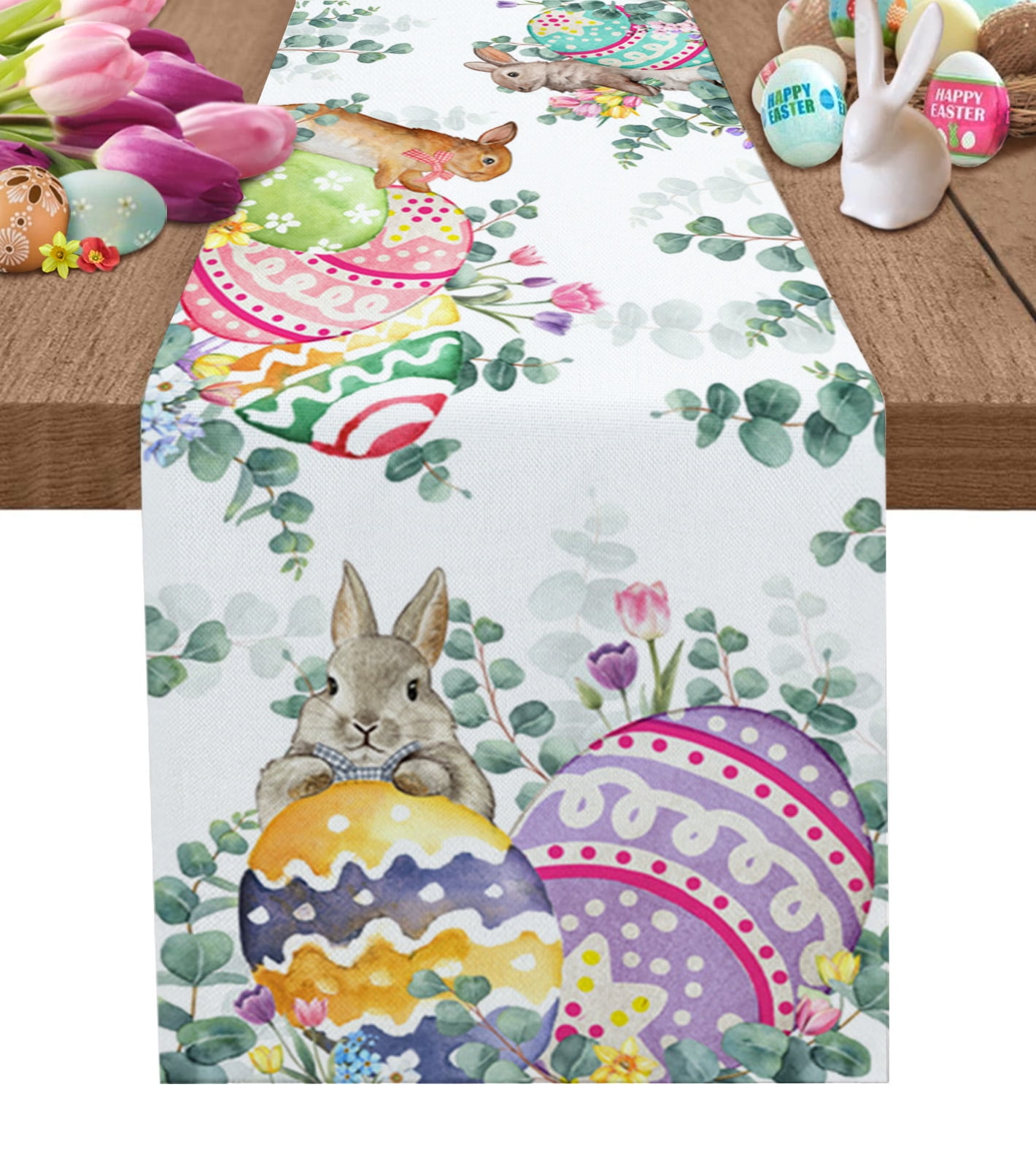 Easter Spring Tulip Egg Rabbit Table Runner Easter Party Dining Table r ...