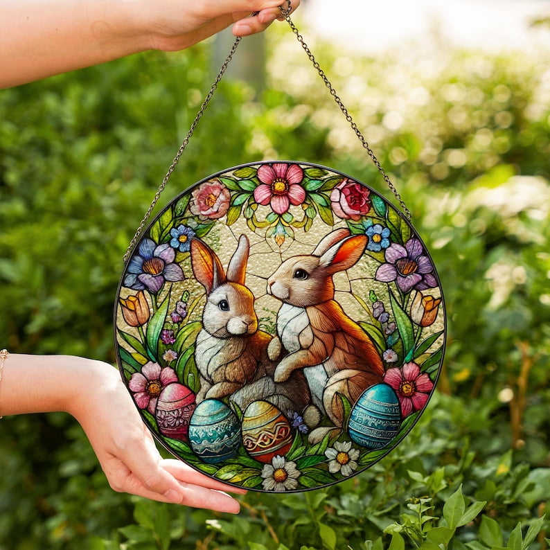 Easter Stained Glass Bunny Suncatcher, Rabbit and Eggs Window Decor ...