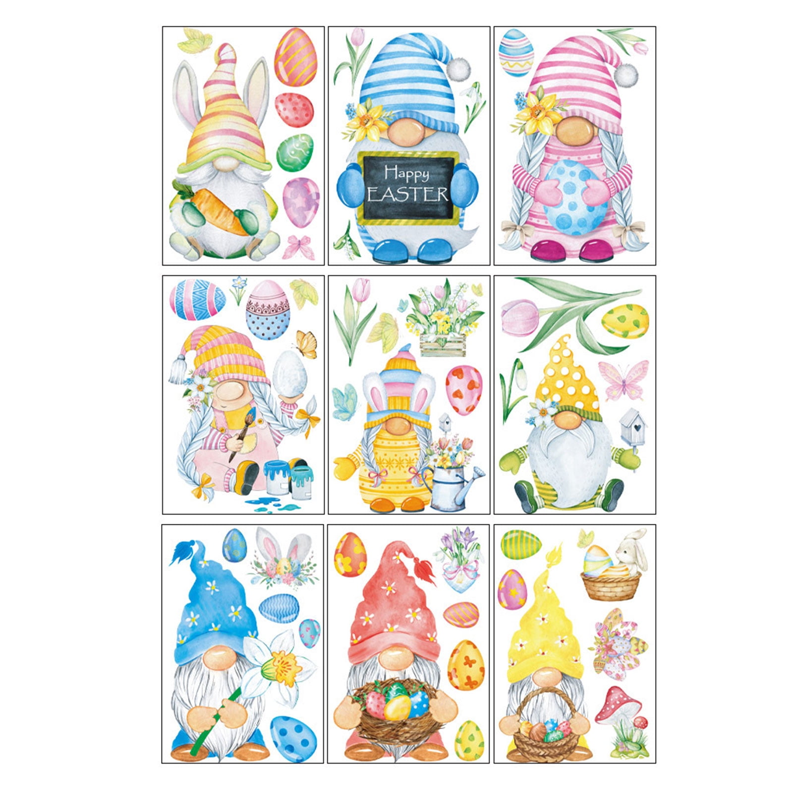 Easter Sticker Sheets 9 Pcs Gnome Eggs Flowers PVC Static Electricity ...