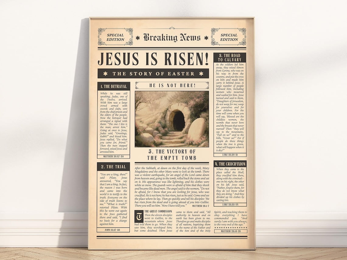 Easter Story Jesus Empty Tomb Bible Verse Wall Art, Christian Retro ...