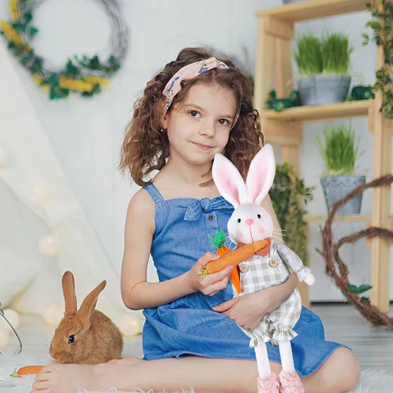 Easter Stretchable Long-Leg Bunny Plush Decor, Checkered Outfit Bunny ...