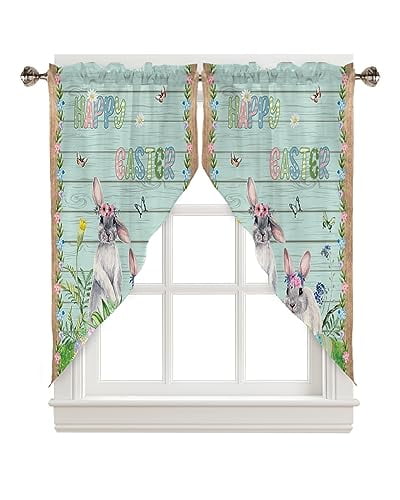 Easter Swag Valance Curtains Rabbit Colorful Eggs Green Buffalo Plaid ...
