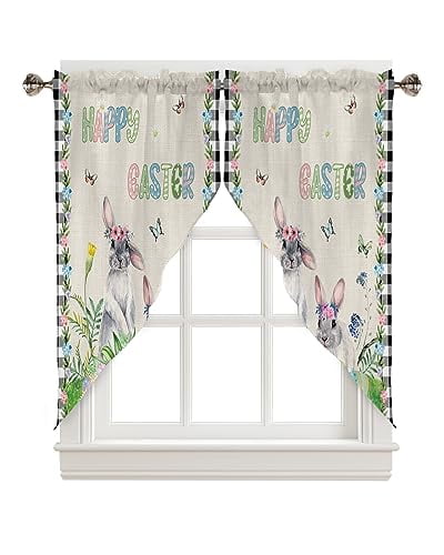 Easter Swag Valance Curtains Rabbit Colorful Eggs Green Buffalo Plaid ...