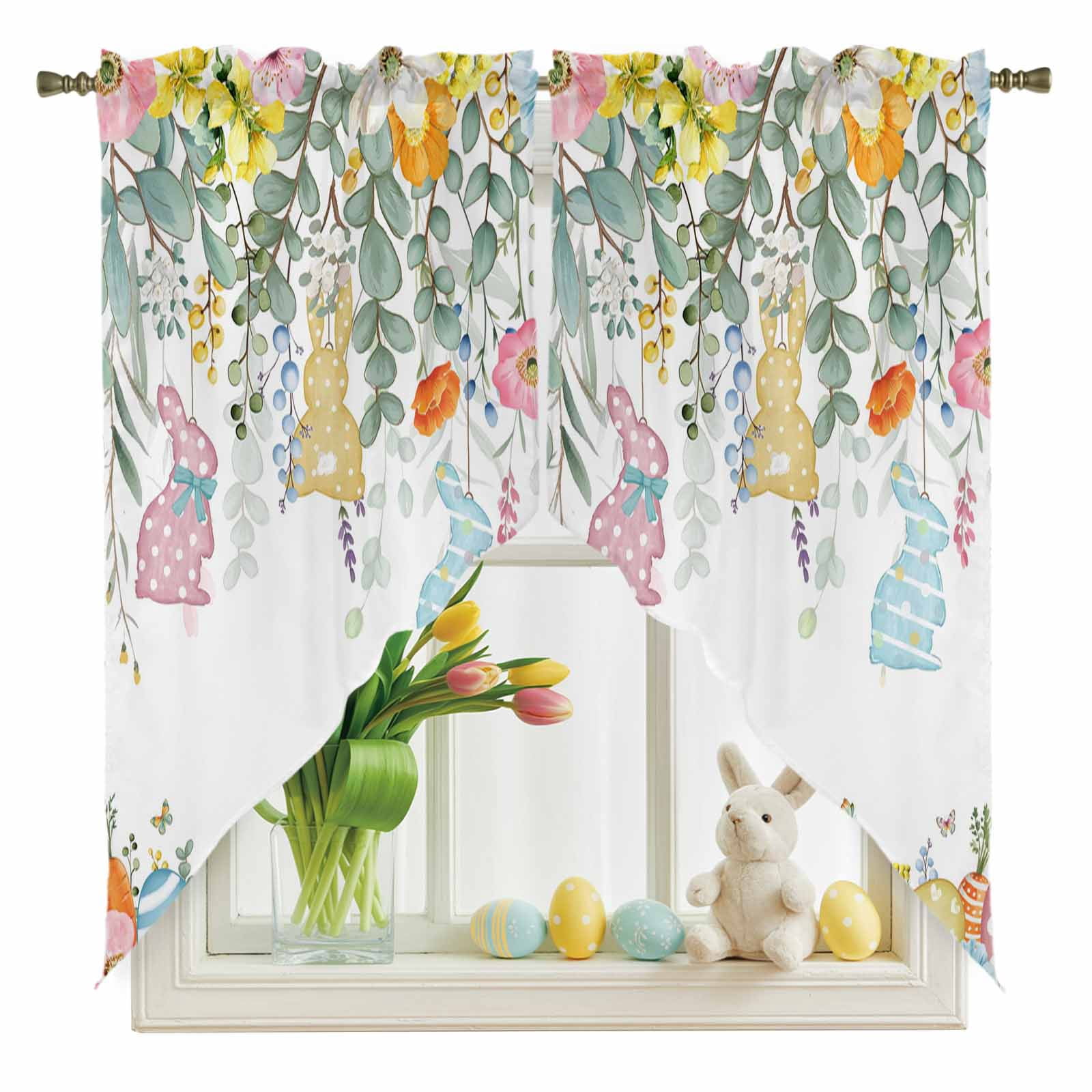 Easter Swag Valance Curtains Spring Floral Leaf Rabbits Silhouette ...