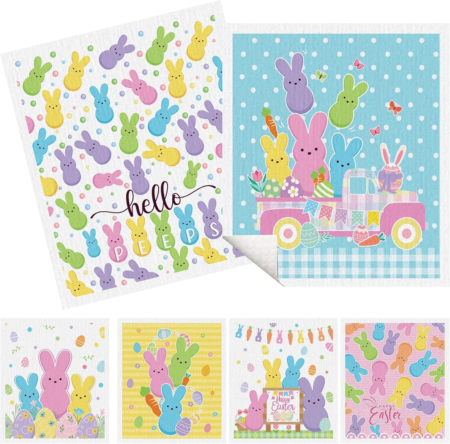 Easter Swedish Dishcloths for Kitchen, 6 Pack Colorful Bunny Rabbit ...
