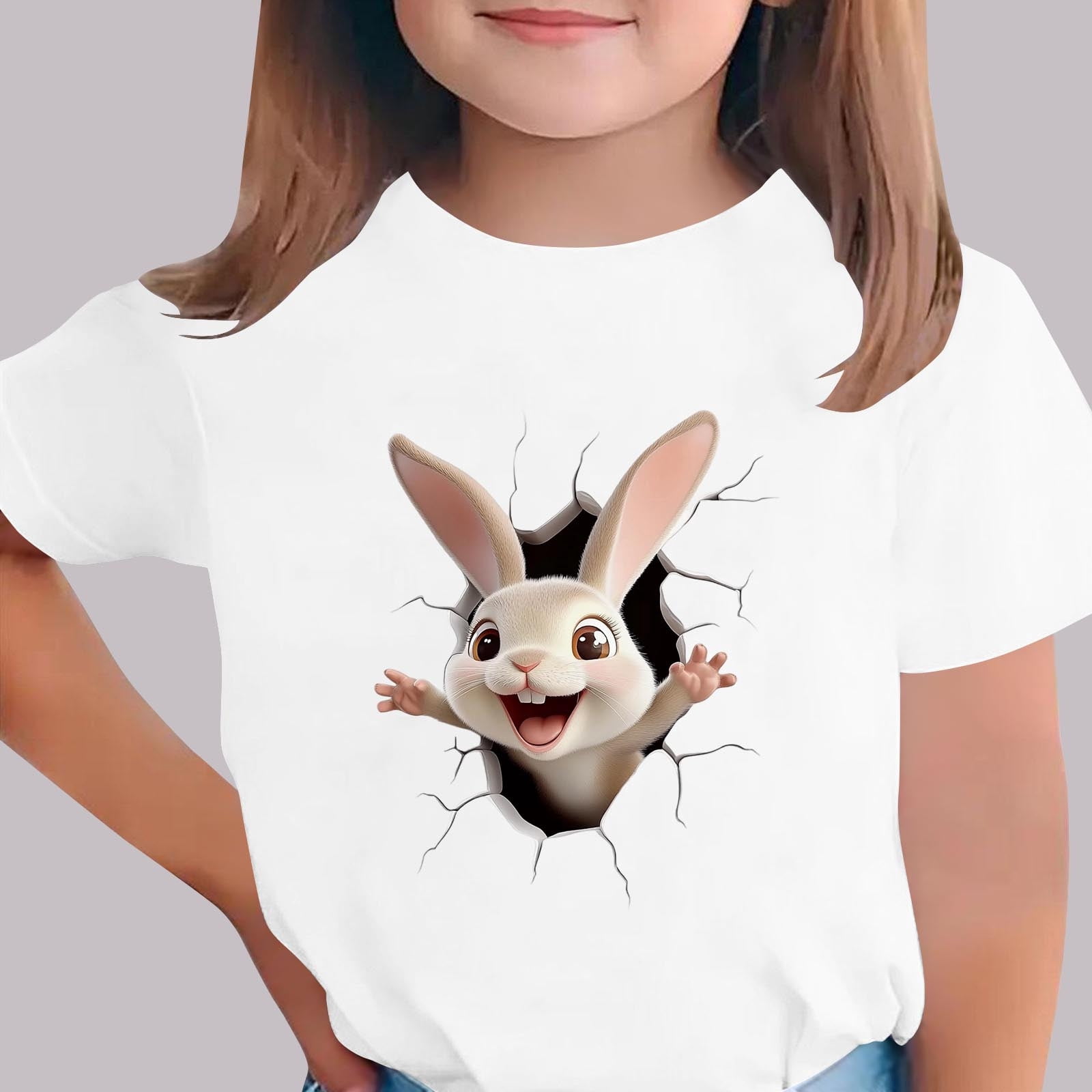 Easter T-Shirt for Girls White Kids Bunny 3D Graphic Tee Cracked ...