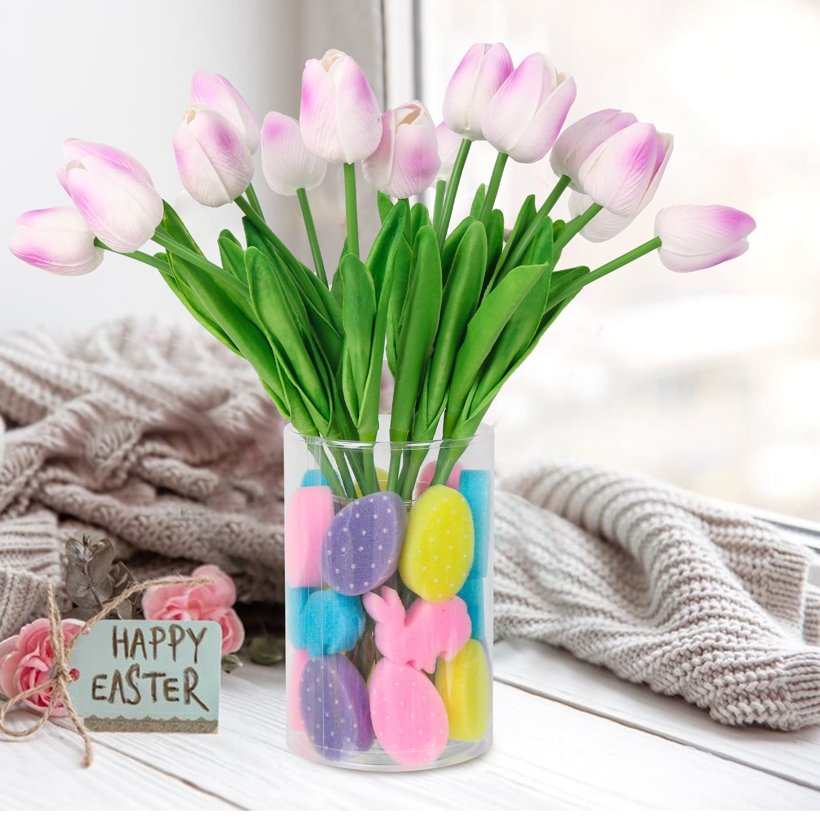 Easter Table Centerpiece, 15 Realistic Tulips, 30 Foam Peeps, Egg Vase ...