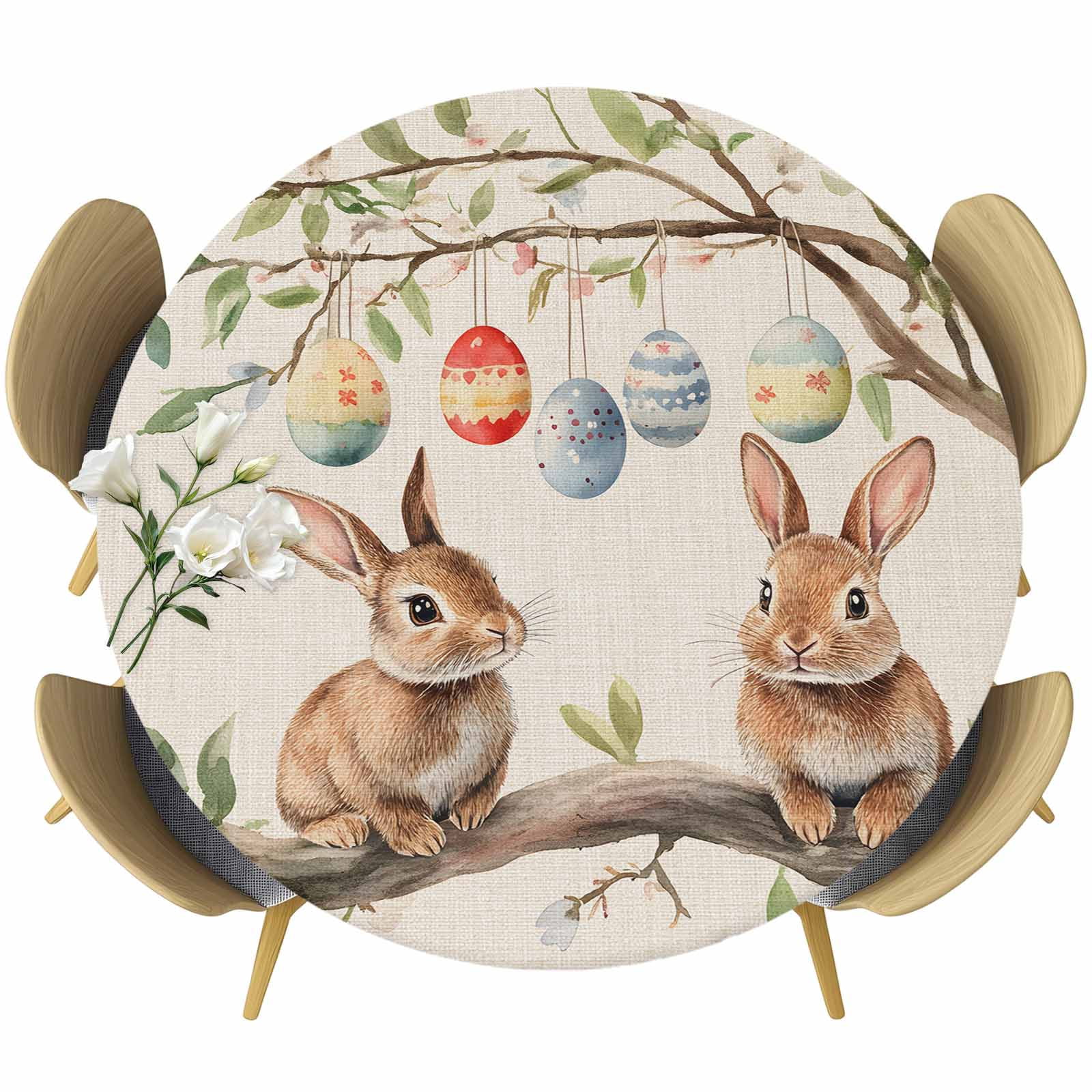 Easter Table Cloth, Round Fitted Tablecloths with Elastic Edge, Retro ...
