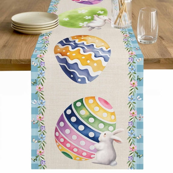Easter Table Runner - 108 Inch Long Colorful Eggs Rabbit Flowers Leaves ...