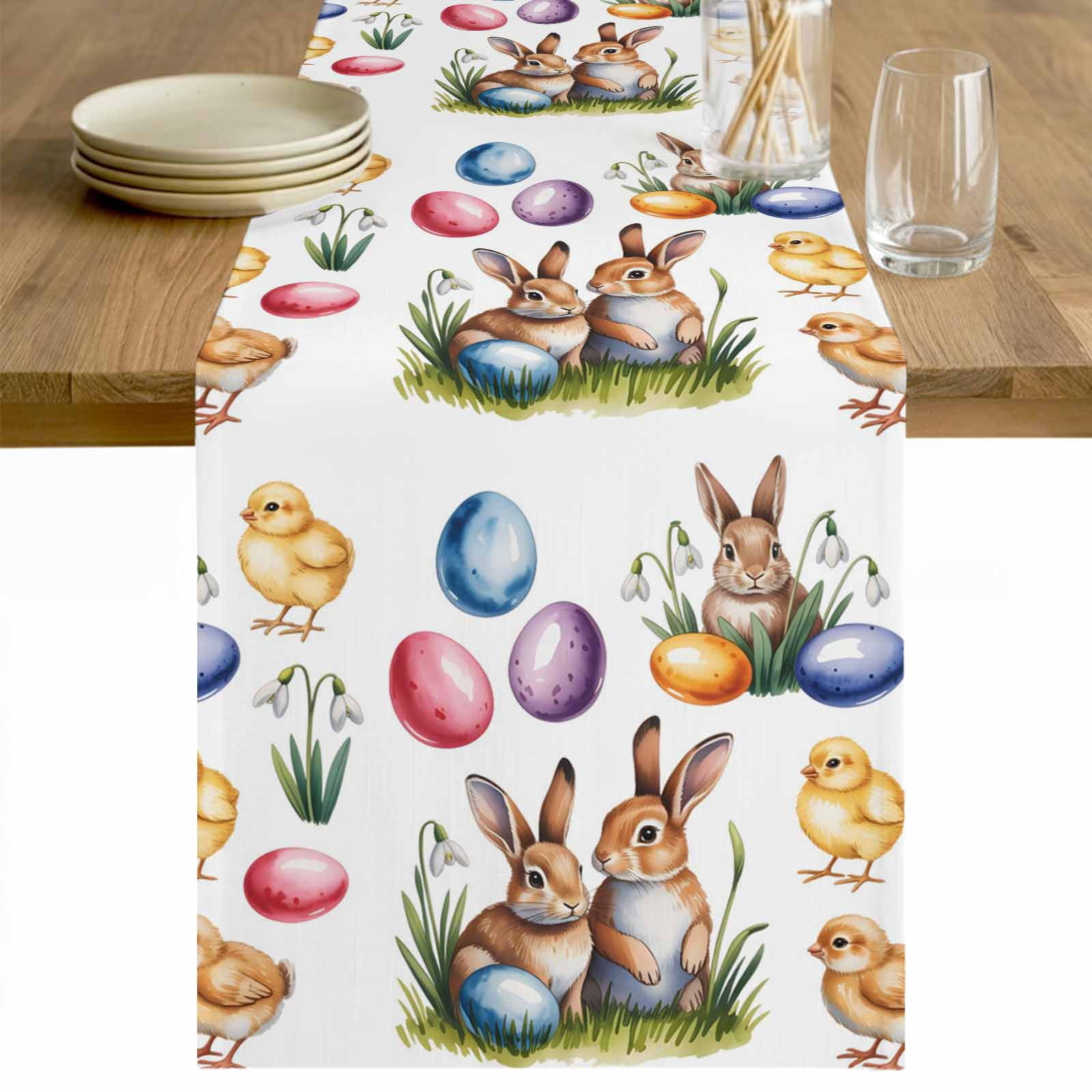 Easter Table Runner - 108 Inch Long Spring Rabbits Colorful Eggs ...