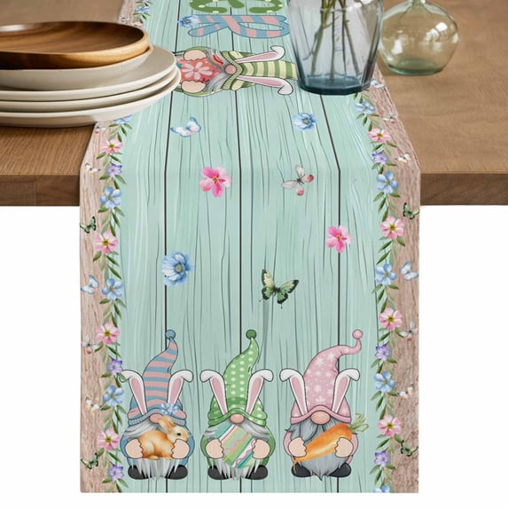 Easter Table Runner 108 Inches, Farmhouse Gnomes Rabbits Eggs Wooden ...