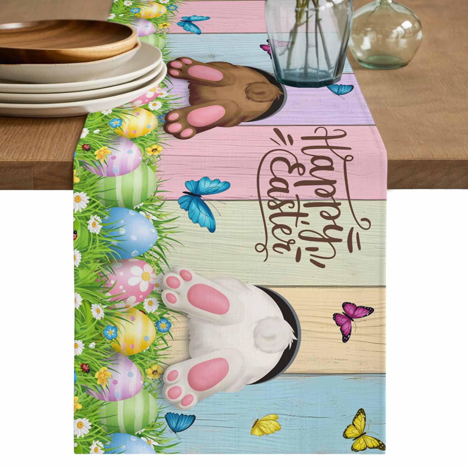 Easter Table Runner 108 Inches, Spring Easter Eggs Bunny Colorful ...