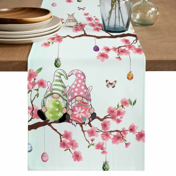 Easter Table Runner 108 Inches, Spring Gnomes Blossoms Flowers Colorful ...