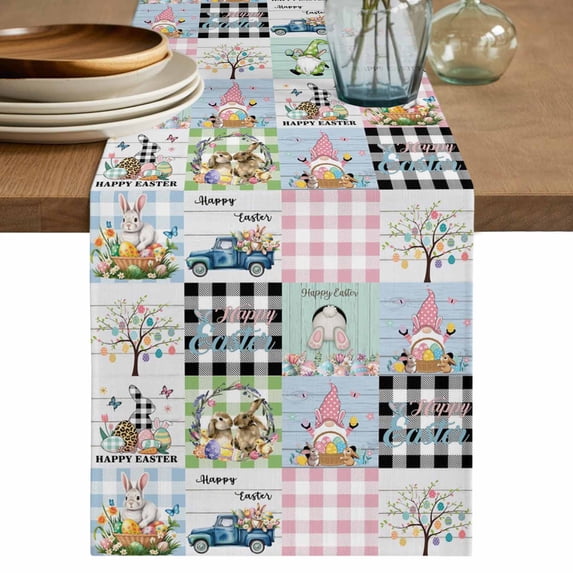 Easter Table Runner 108 Inches, Spring Rabbits Colored Eggs Gnomes ...