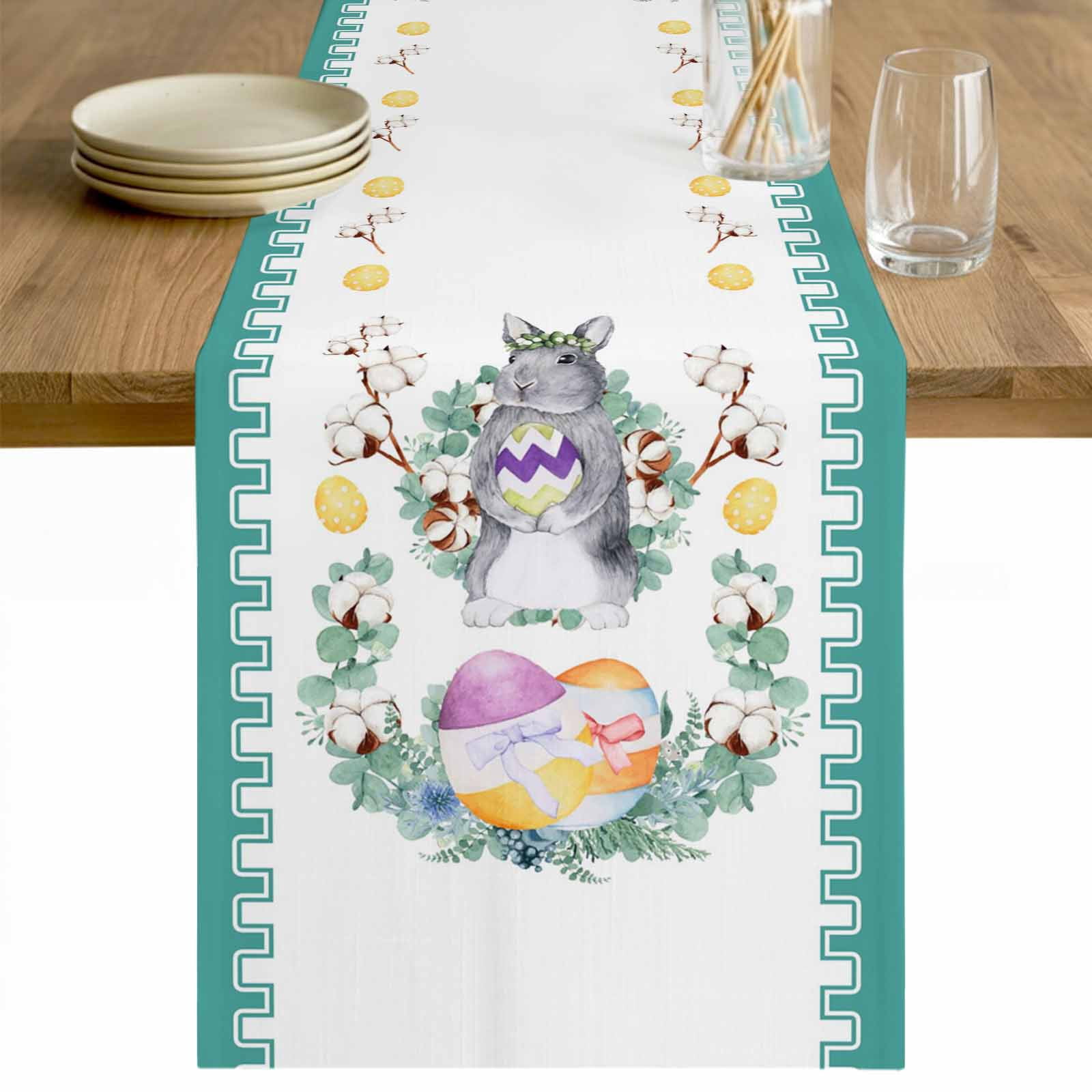 Easter Table Runner - 120 Inch Long Grey Cute Bunny Flowers Eggs ...