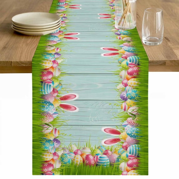 Easter Table Runner - 120 Inch Long Spring Rabbit Ears Colorful Eggs ...