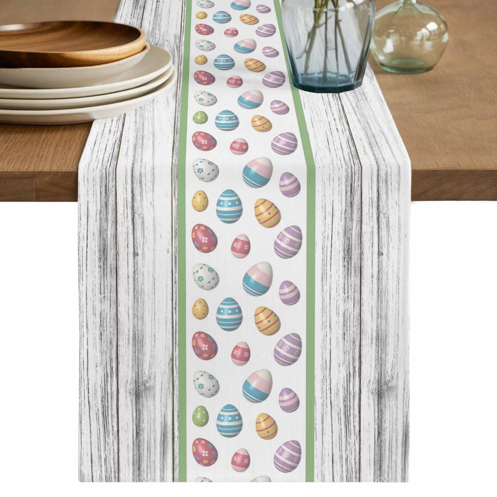 Easter Table Runner 120 Inches, Cartoon Colored Eggs Grey White Wooden ...
