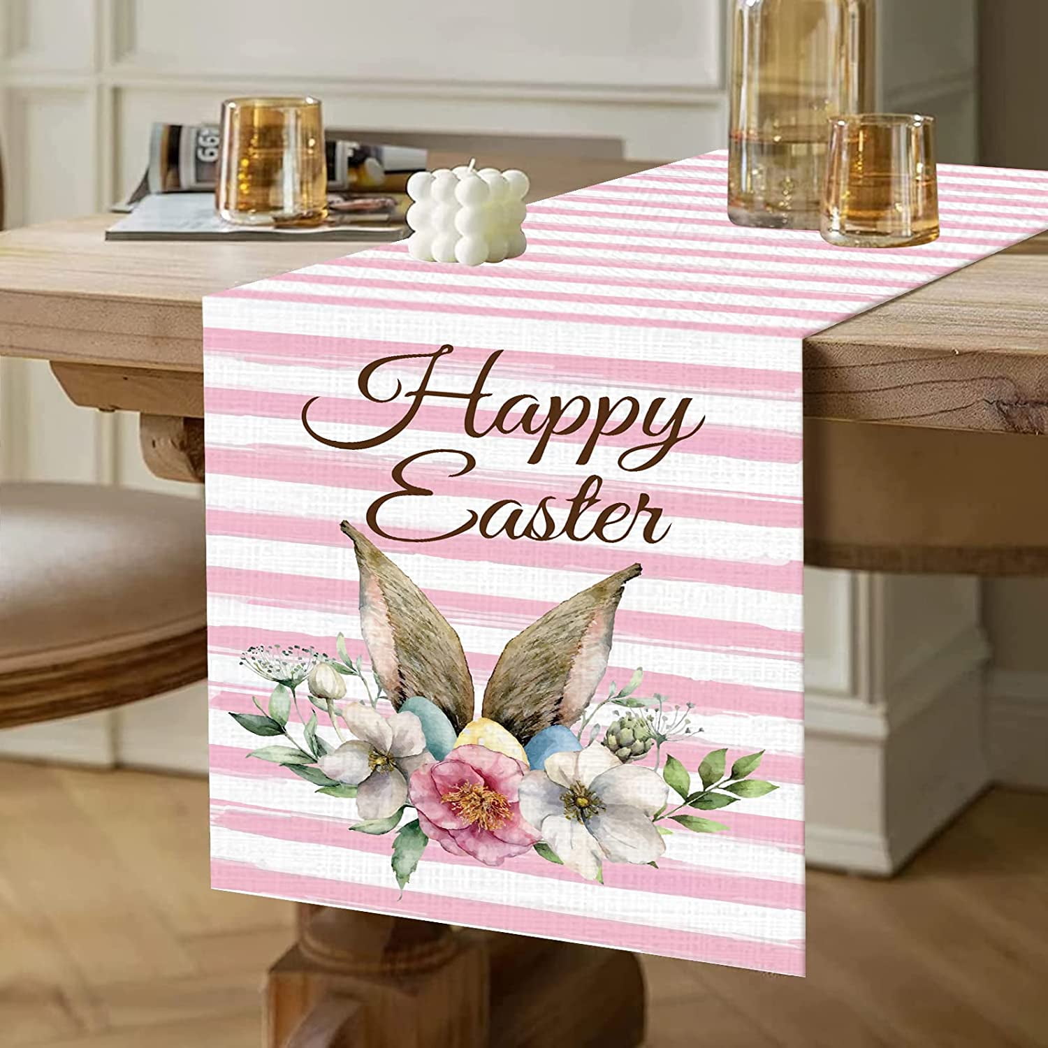 Easter Table Runner 13x72 Inch with Pink Stripe and Bunny Ear Pattern ...