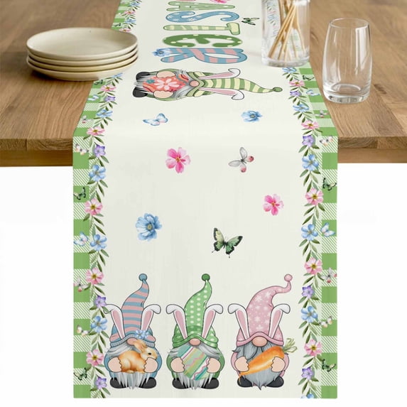 Easter Table Runner - 36 Inch Long Spring Gnomes Floral Bunny Eggs ...
