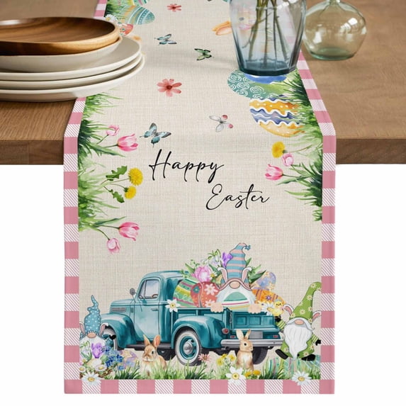 Easter Table Runner 36 Inches, Pink Plaid Blue Truck Eggs Bunny Retro ...