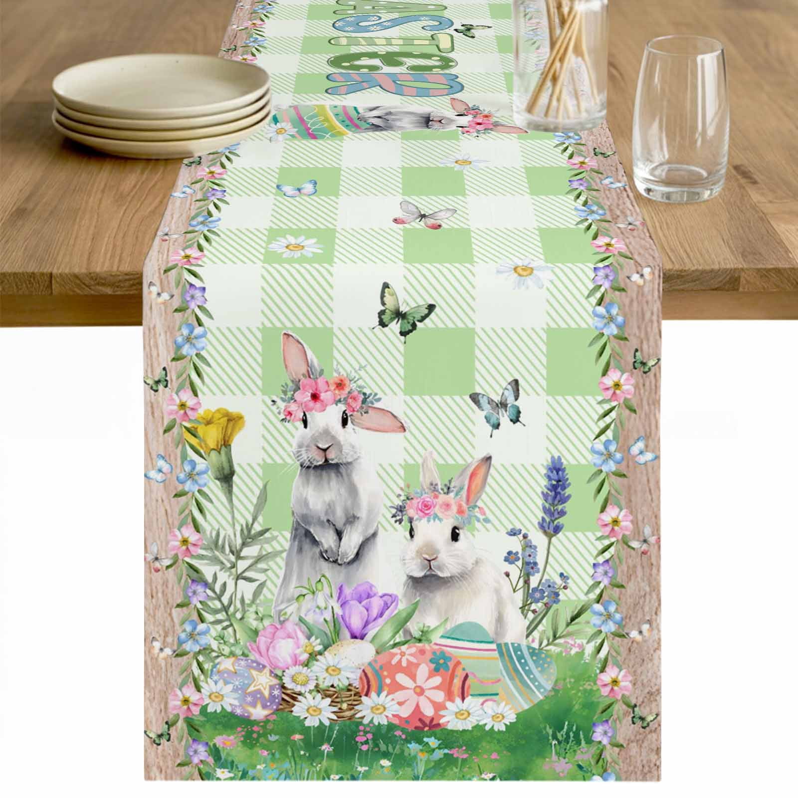 Easter Table Runner - 48 Inch Long Spring Rabbit Botanical Flowers Eggs ...