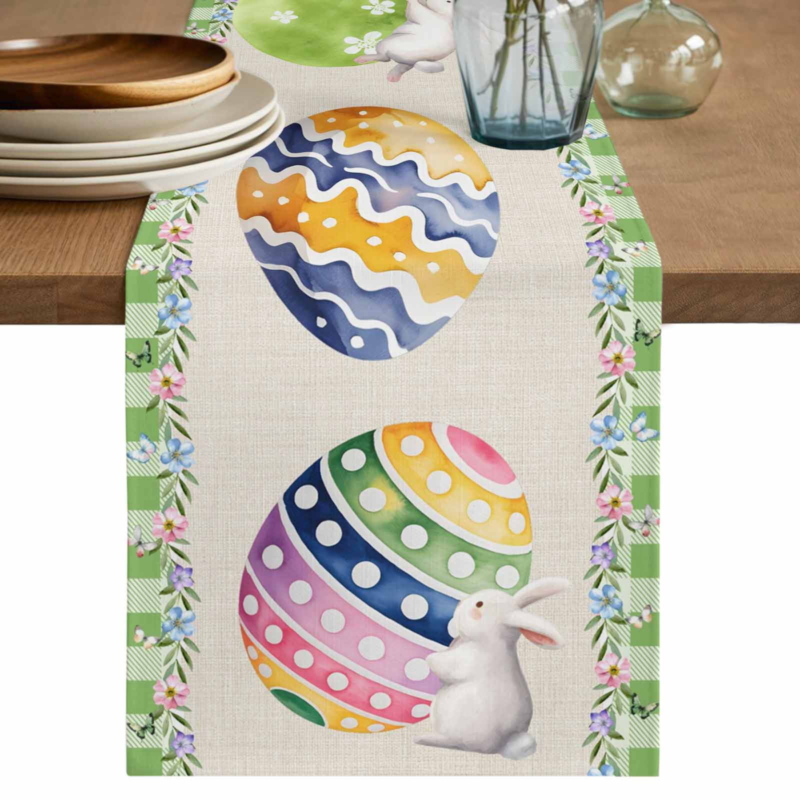 Easter Table Runner 48 Inches, Colorful Eggs Bunny Floral Vines Green ...