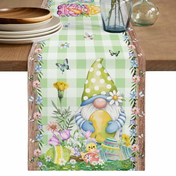 Easter Table Runner 48 Inches, Gnomes Flowers Duck Eggs Green Lattice ...