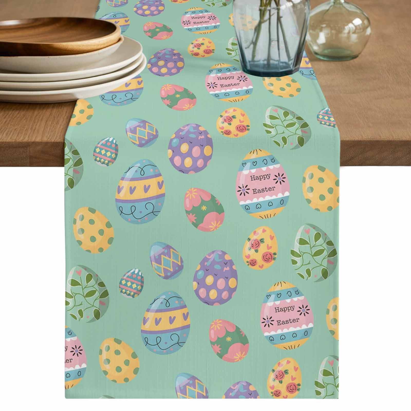 Easter Table Runner 48 Inches, Green Cartoon Colorful Eggs Flowers ...