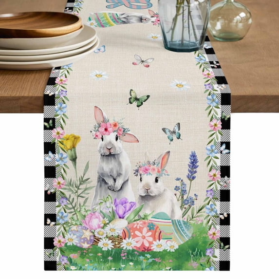 Easter Table Runner 70 Inches, Country Rabbits Eggs Floral Leaves ...
