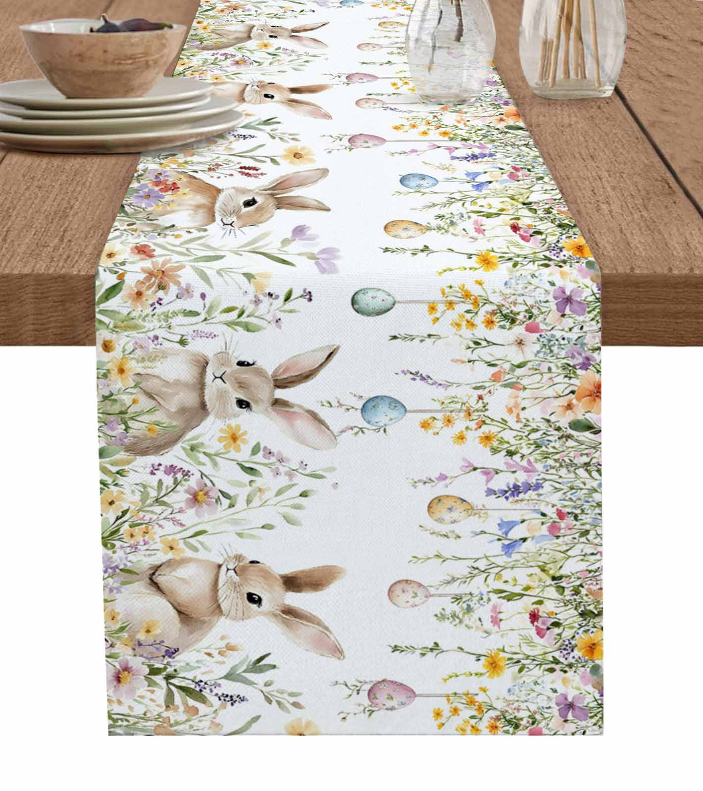 Easter Table Runner 70 Inches, Spring Bunny Botanical Floral Eggs Vines ...