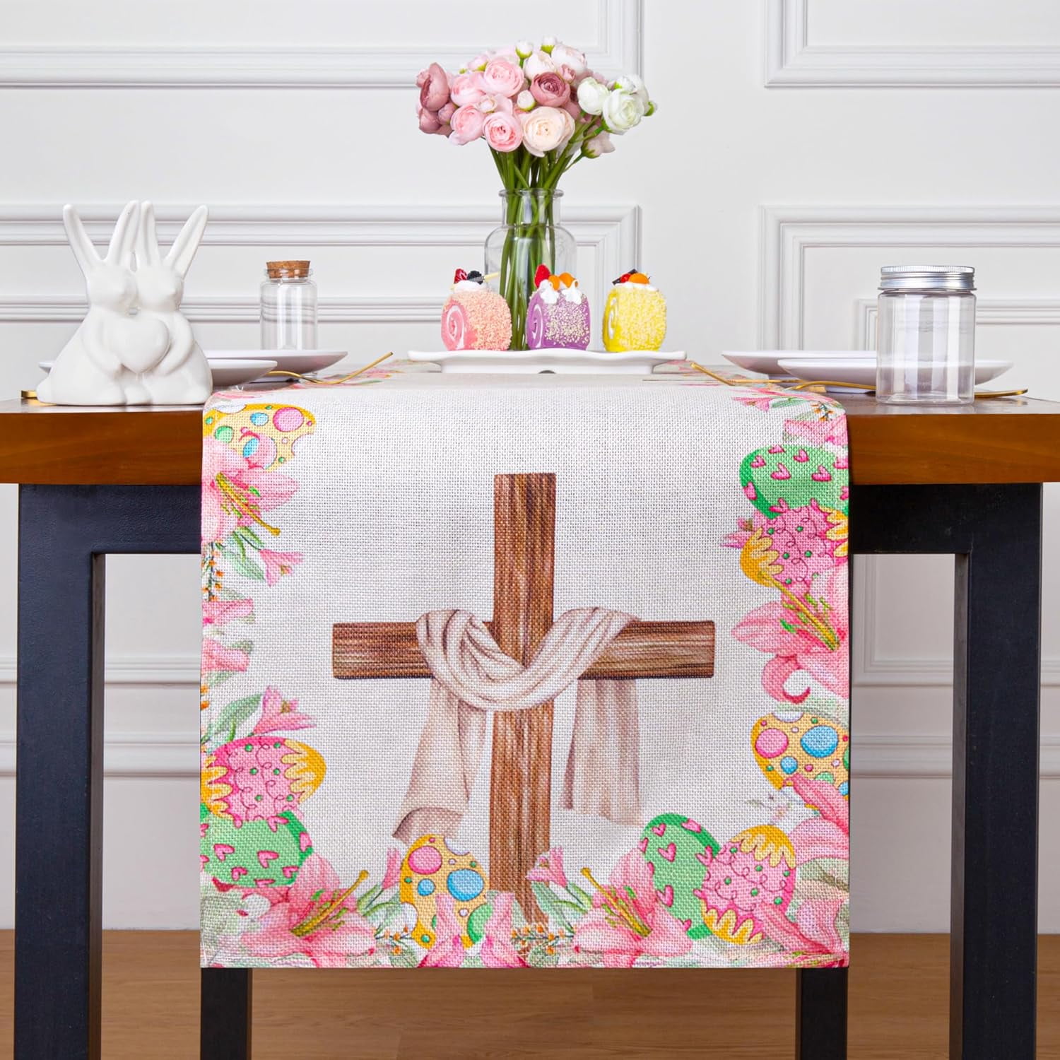 Easter Table Runner 72 Inch Long, Egg Flowers Pattern, Pink and Pastel Color, Farmhouse Vintage ...